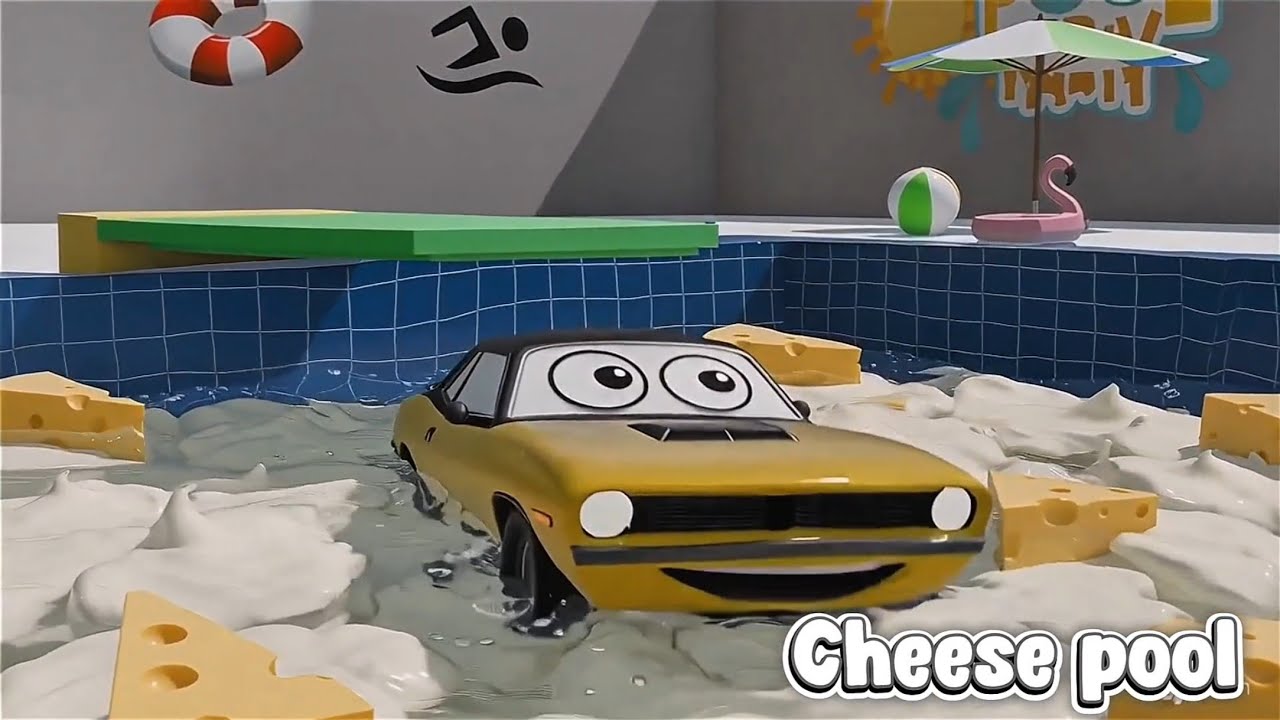 CARS SWIM IN POOLS OF MILK, PUDDING, AND CEREAL | Fun 3D Animation for ...