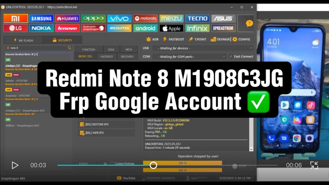 Xiaomi Redmi Note 8 M1908C3JG Frp Google Account bypass with Unlock ...
