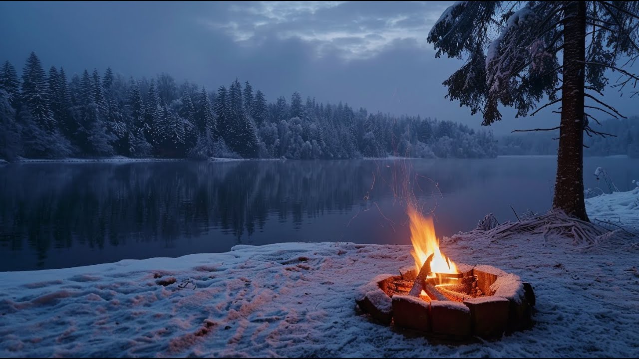 Snowflakes & Firelight — Peaceful Lakeside Fireplace Ambience 4K UHD ...