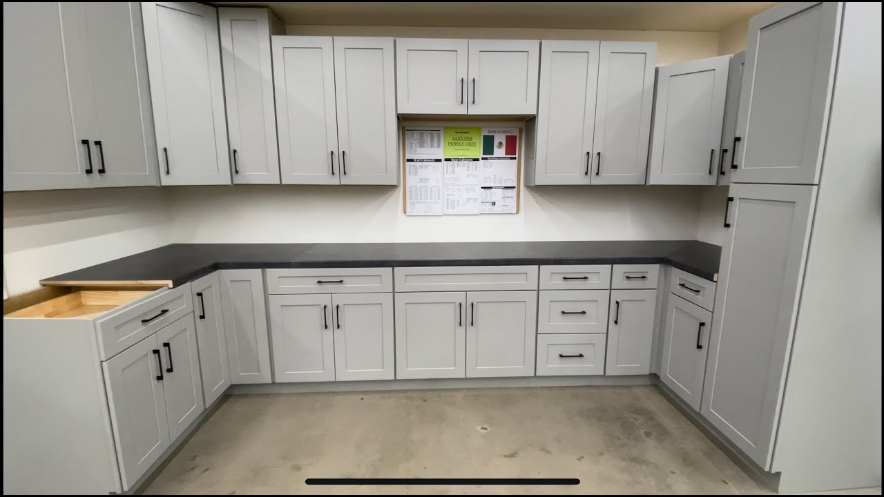 Santana Pebble Grey Kitchen Cabinets - YouTube