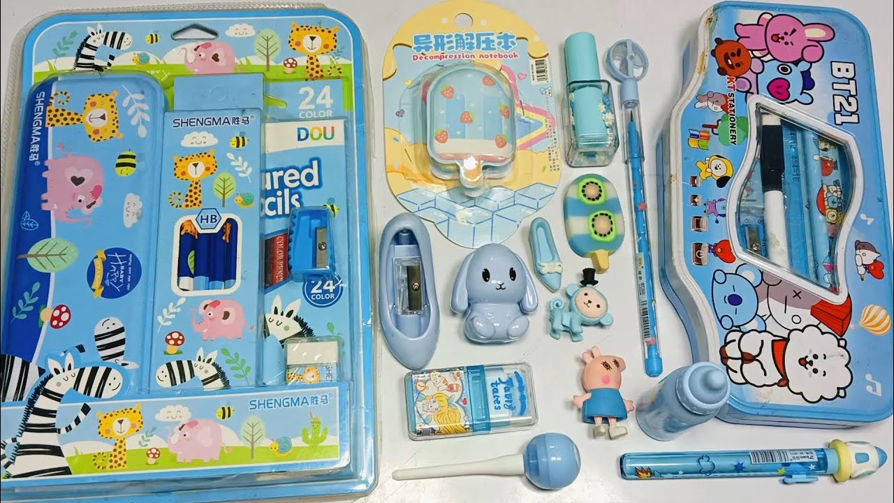BT21 pencil box, Dog sharpener, peepa pig eraser, blue colour ...