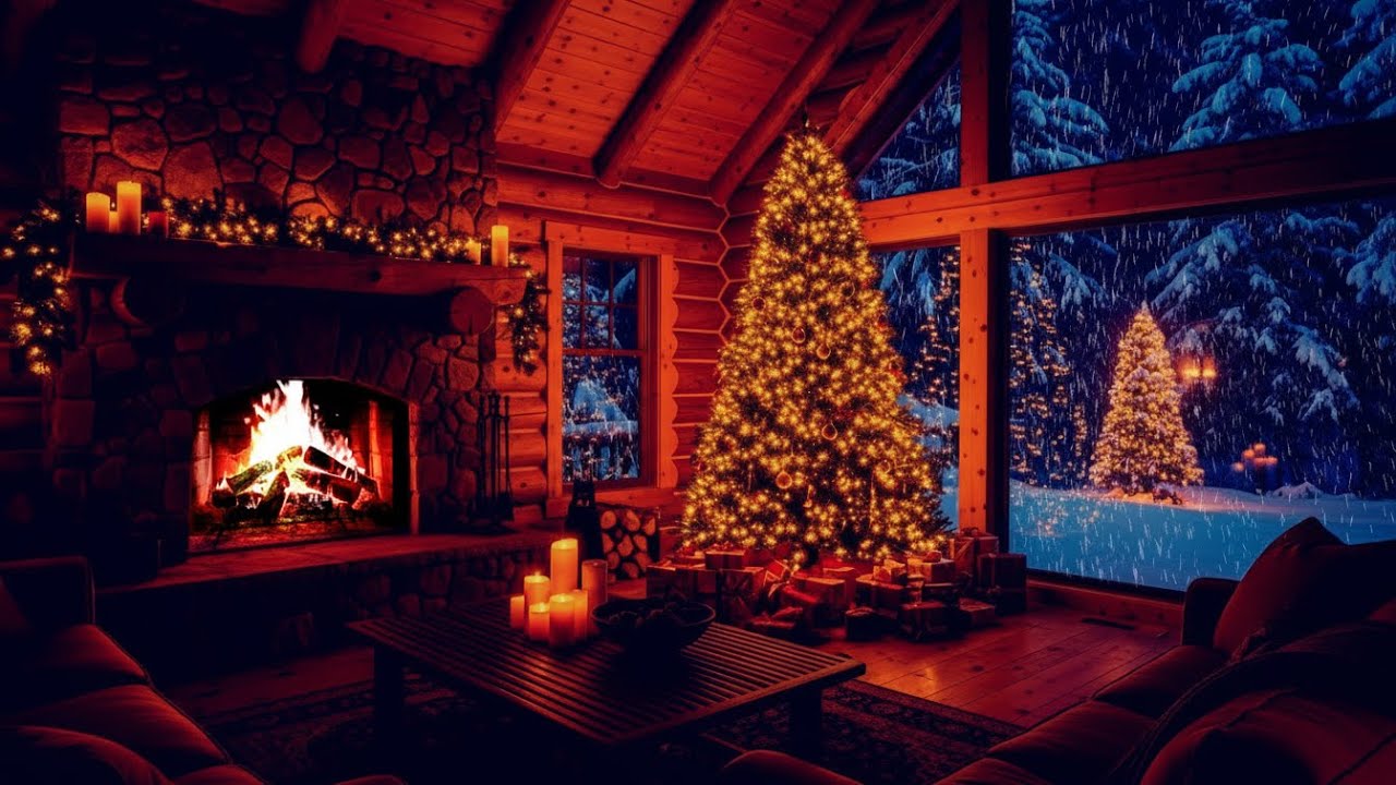 Fireplace With Snow Falling Outside | Cozy Cabin Fire & Warm Evening ...
