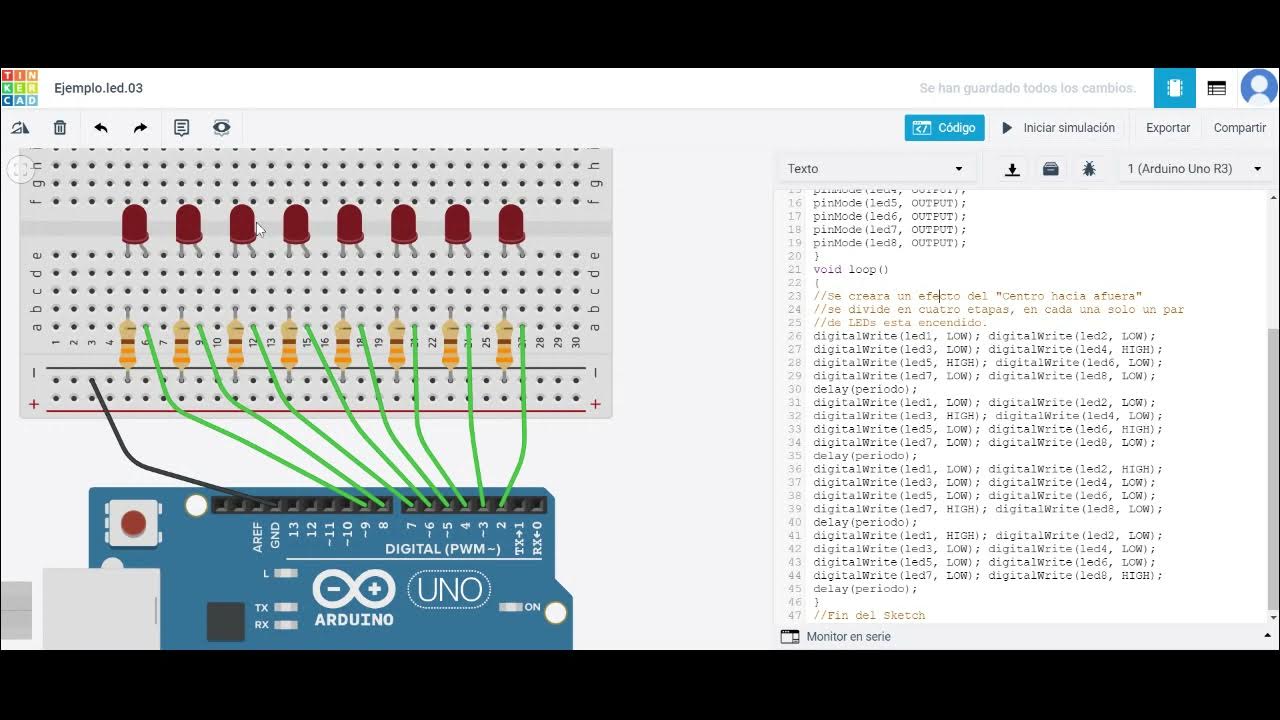 Circuit design Ejemplo.led.03 8 LED y efecto luminoso | Tinkercad - YouTube