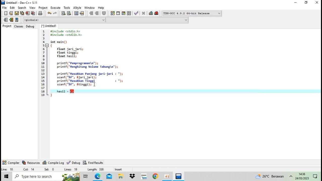 Membuat Algoritma menghitung volume tabung dengan menggunakan aplikasi Dev++ - YouTube