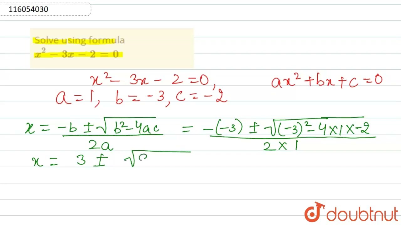 Solve Using Formula X 2 3x 2 0 CLASS 10 QUADRATIC EQUATIONS MATHS Solve Using Formula X 2 3x 2 0 CLASS 10 QUADRATIC EQUATIONS MATHS