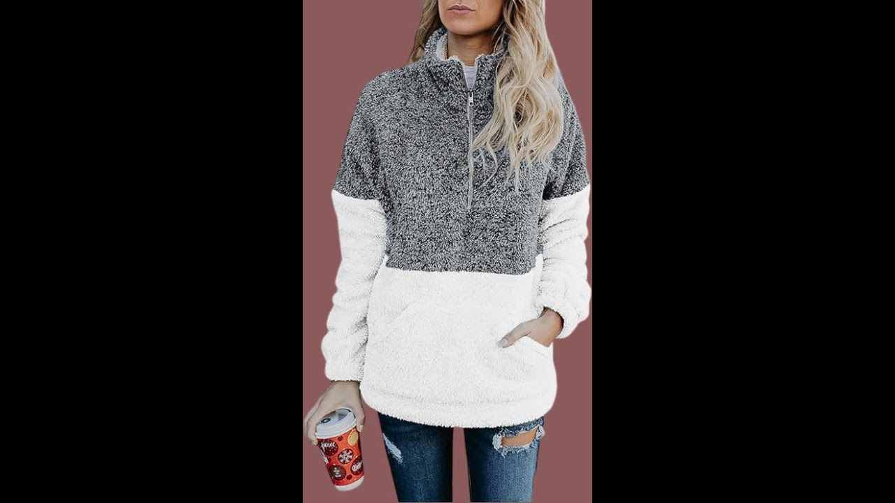 BTFBM Women Sherpa Pullover Quarter Zip Long Sleeve Fluffy Soft Fleece ...