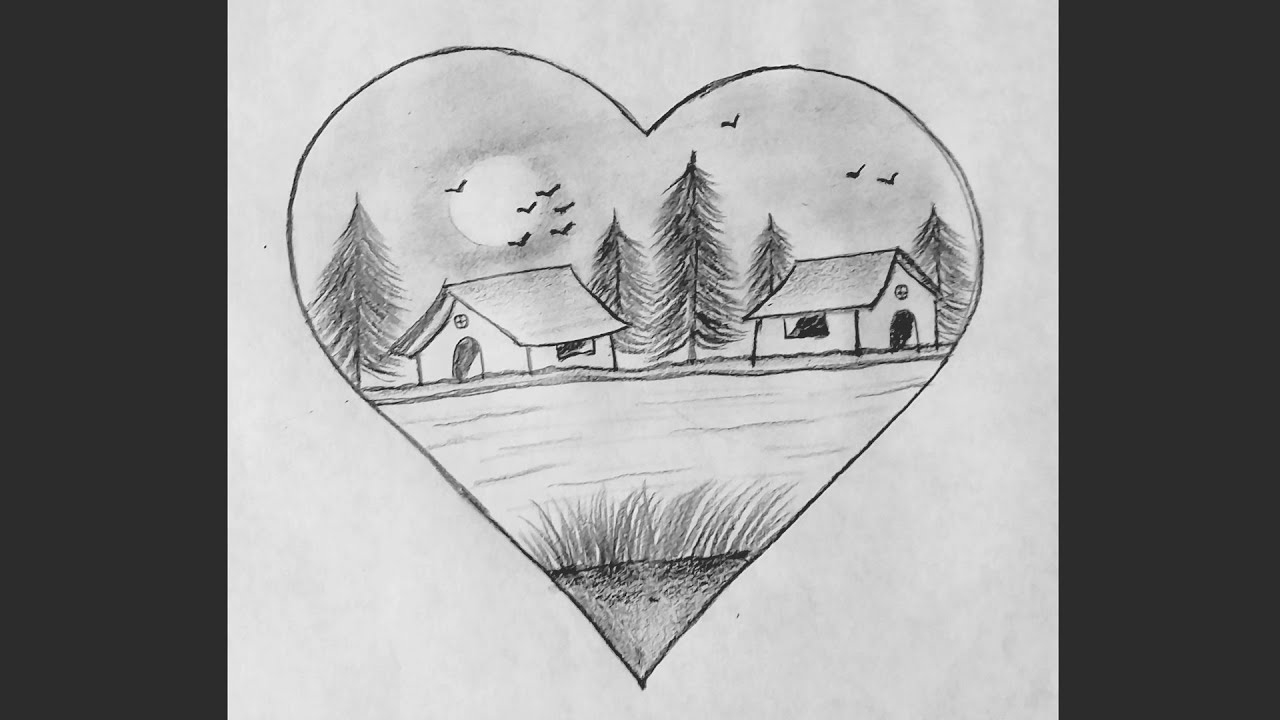 Heart Scenery Drawing Easy || Scenery Drawing in Heart|| Cute drawing ...