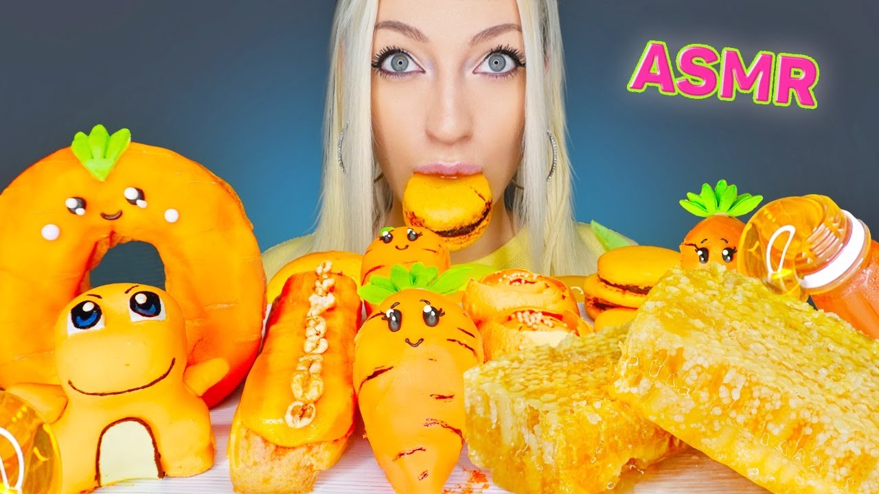 Asmr Eating Orange Food Honeycomb Jelly Cake Macarons Dessert Mukbang 컬러 먹방 벌꿀 먹방 Youtube