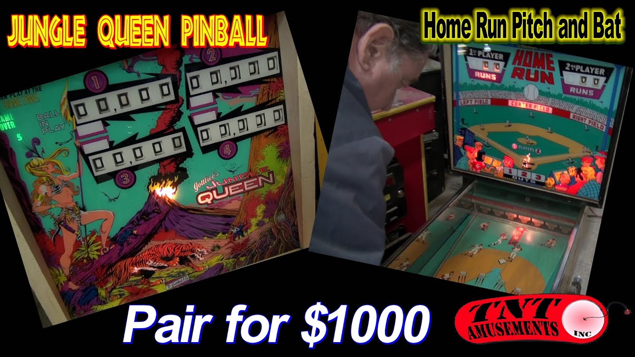 Gottlieb JUNGLE QUEEN Pinball and HOME RUN Pitch and Bat--WHO would ...
