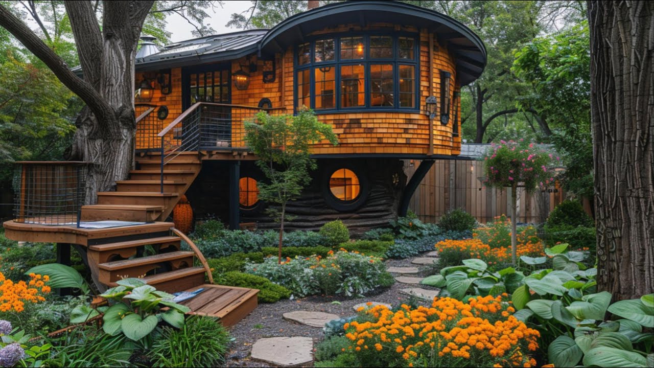 Whimsical Treehouse Exterior in Lush Garden | Stained Glass, Autumn ...