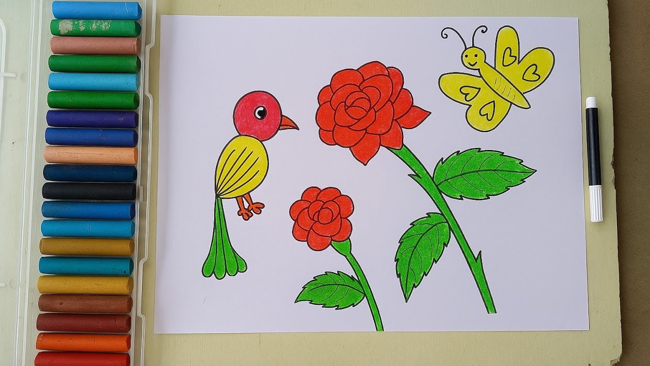 🎨 "Easy Bird, Flower & Butterfly Drawing for Kids | Oil Pastel Magic ...