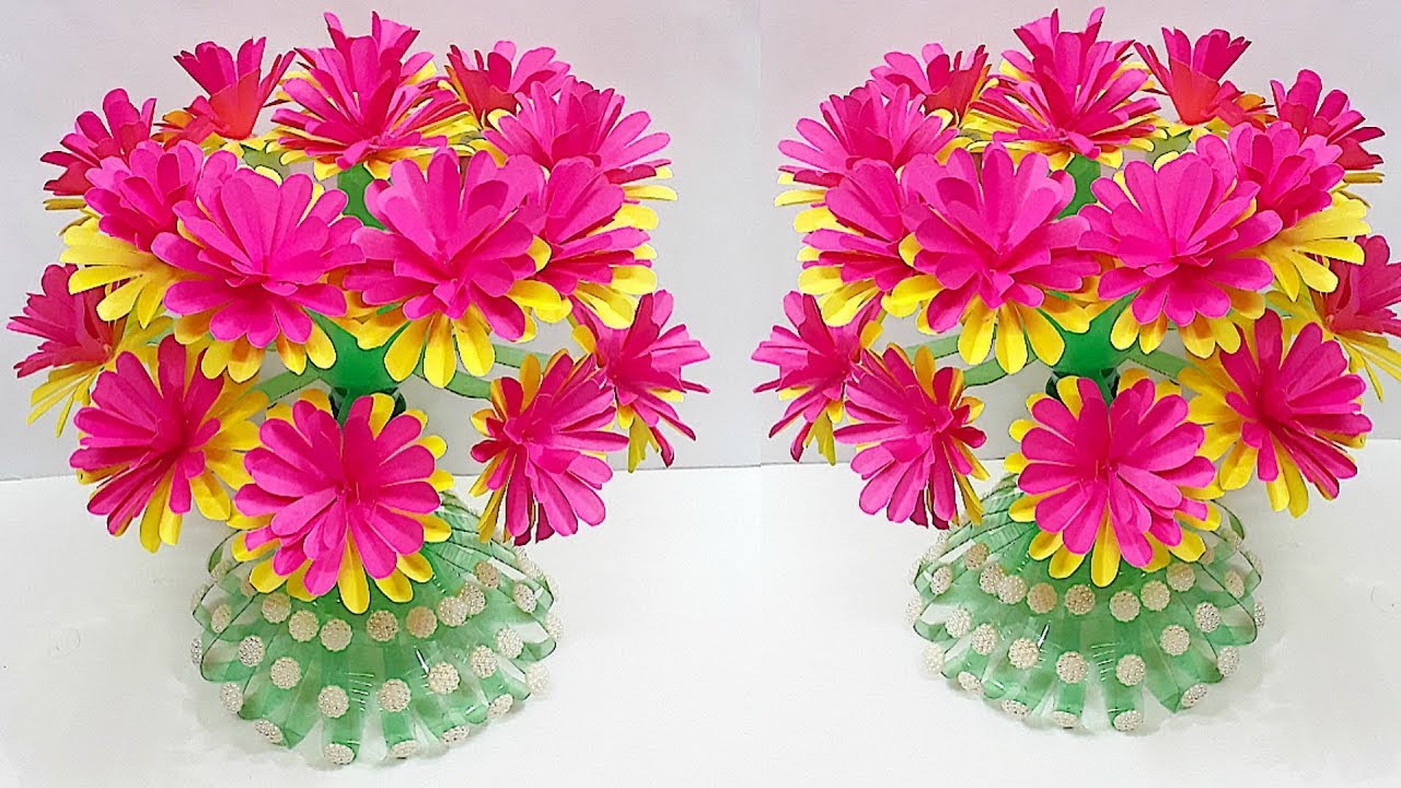 Guldasta made with paper flower and plastic bottle| DIY paper Flower ...