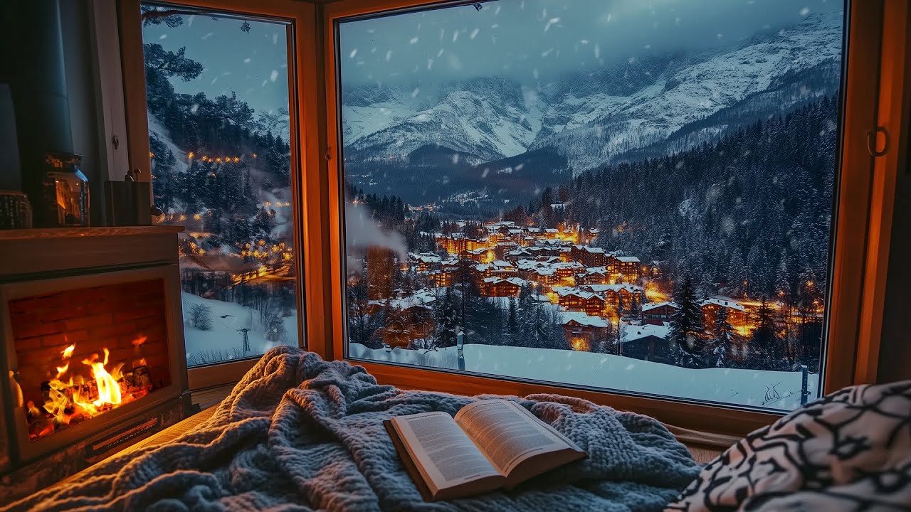 ️ Cozy Winter Room Fireplace Ambience | Relaxing Snowfall Outside Snowy ...