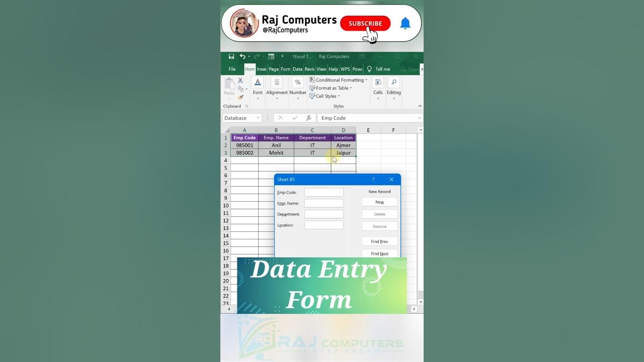 How to create a data entry form in excel | Form| Raj Computers | Raj sir #shorts #exceltricks ...