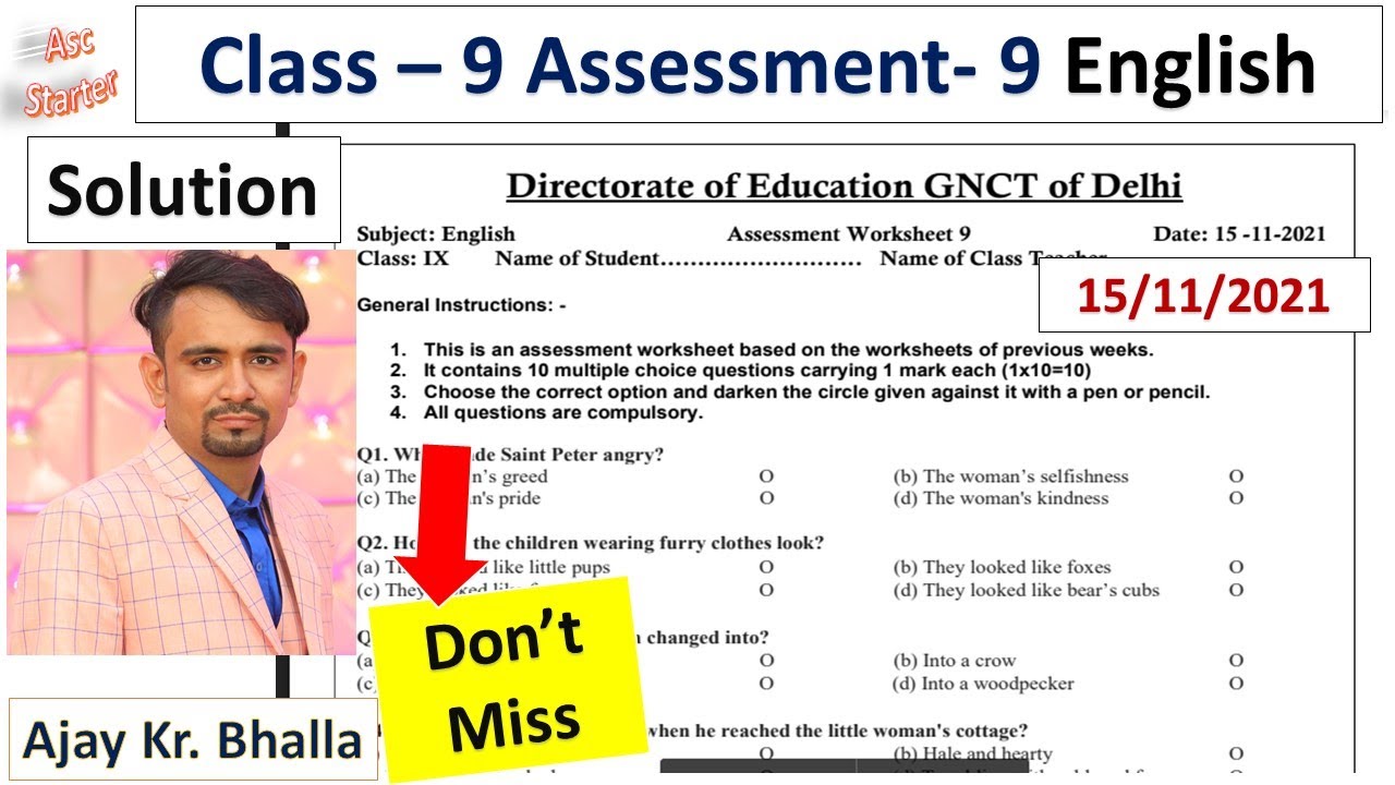 class 9 english assessment worksheet 9 || english assessment 9 class 9 ...