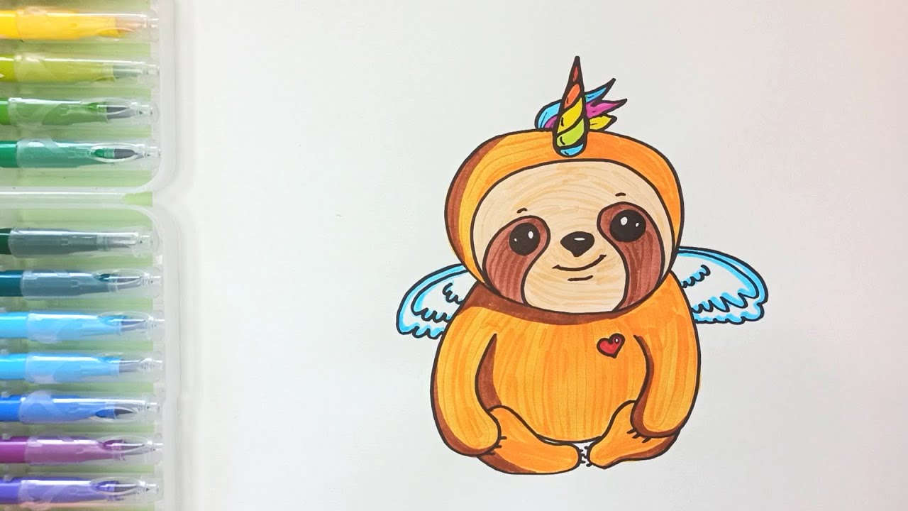 How to draw a cute sloth angel unicorn animal? - YouTube