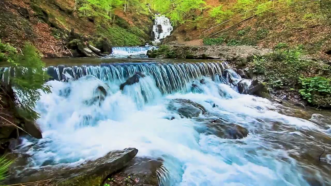 Peaceful Waterfall & River Flowing Sound. Calming Water Stream and Rock ...