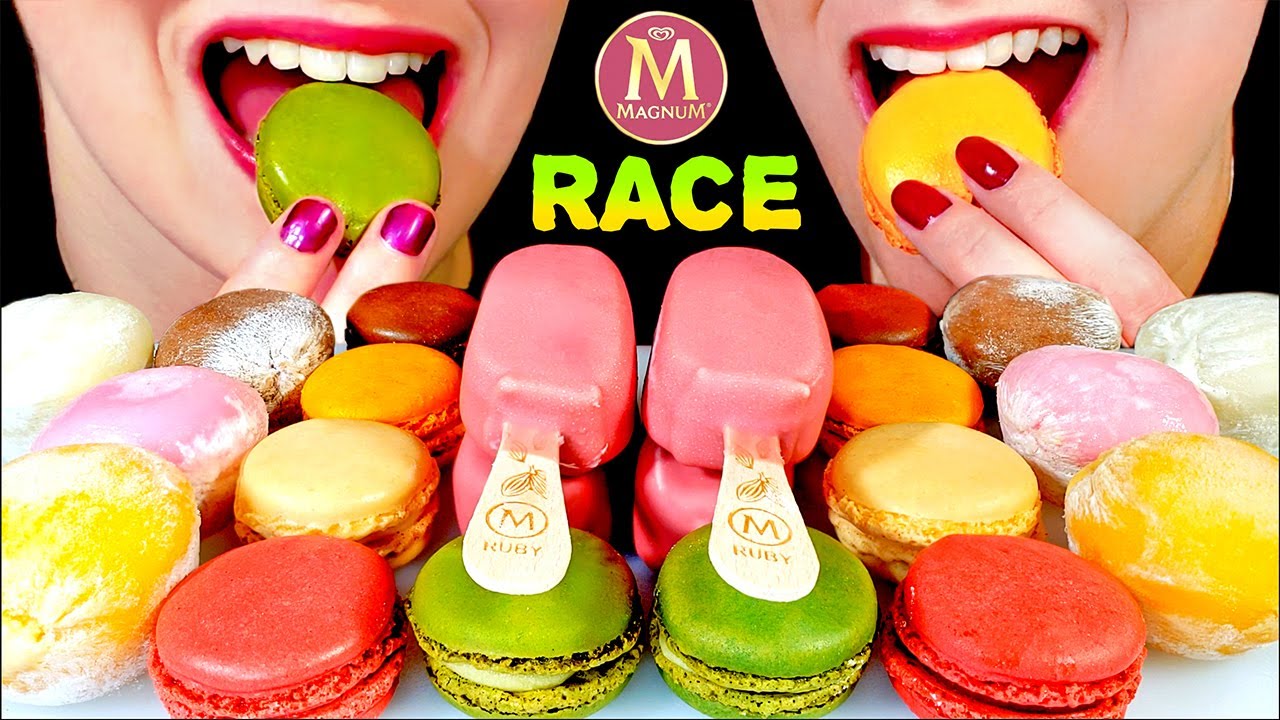 ASMR RUBY MAGNUM RACE, MACARON AND MOCHI RACE, ICE CREAM EATING SOUNDS, LOSER EATS GROSS SUNDAE ...