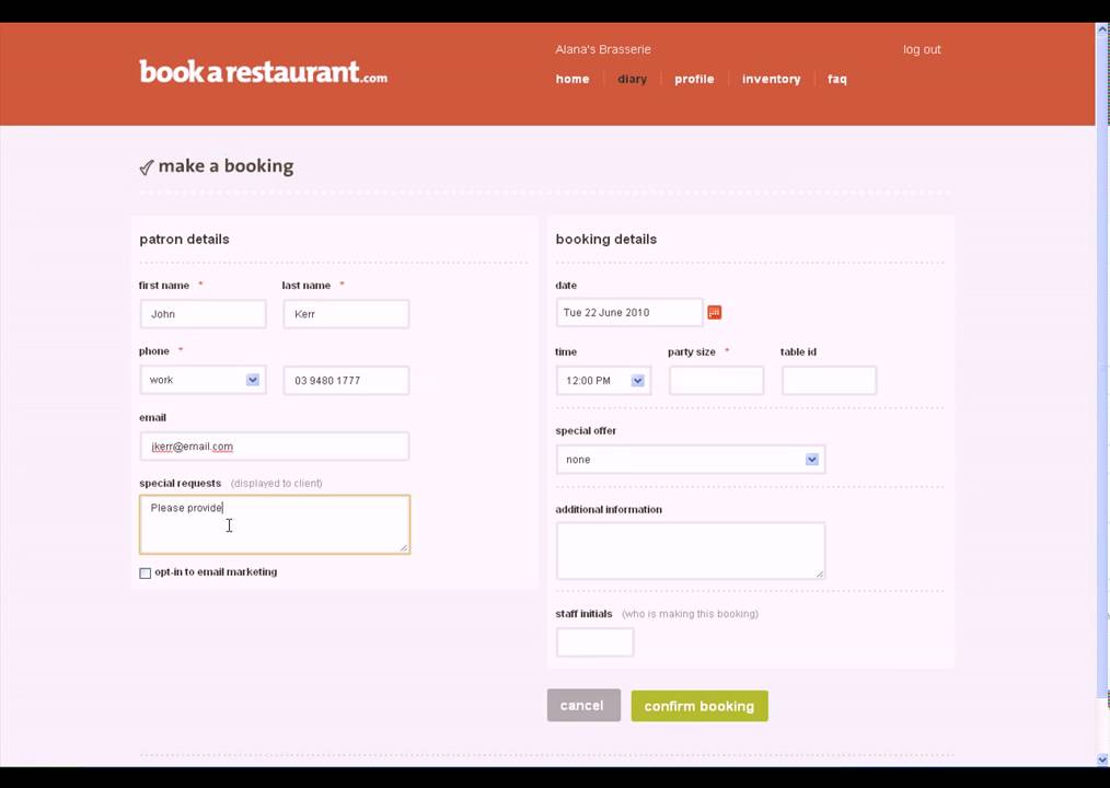 Using The Bookarestaurant.com Electronic Booking Diary - YouTube