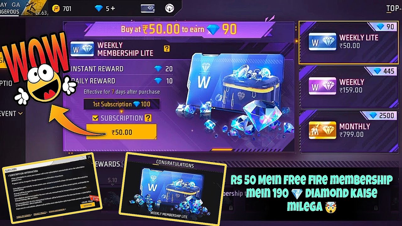 Rs 50 Mein free fire weekly membership lite mein 190💎 diamond kaise ...