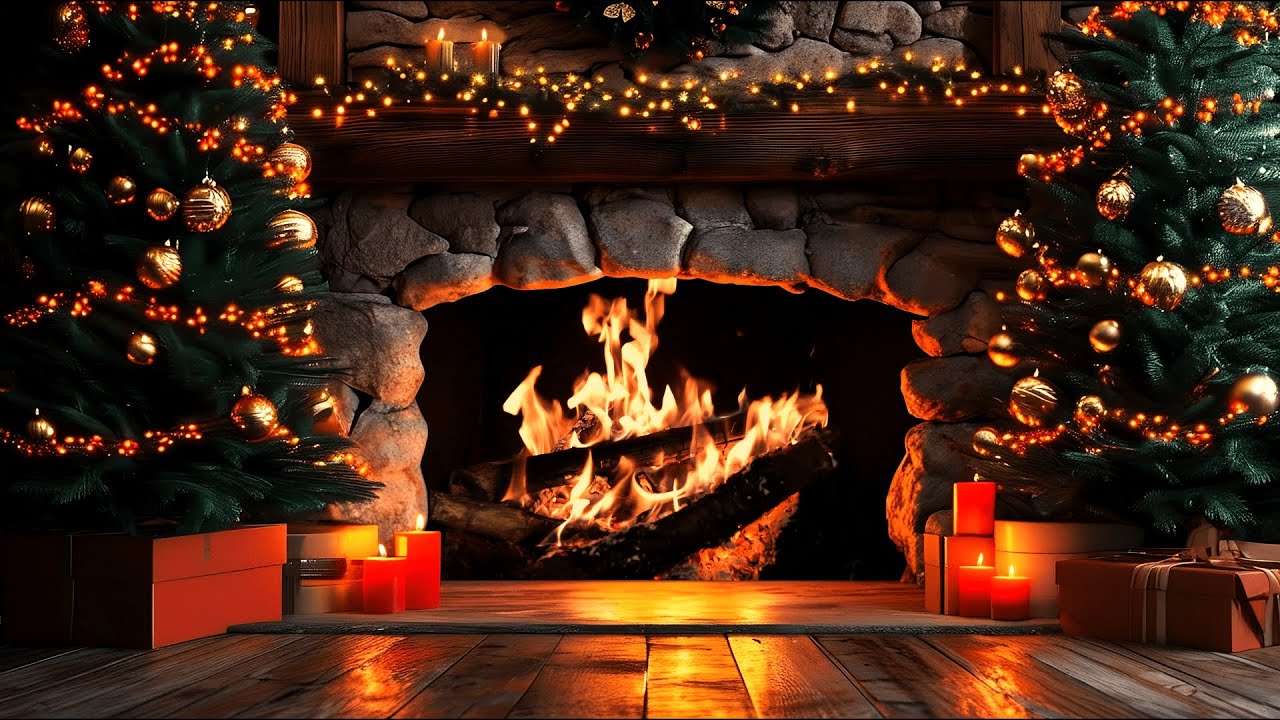4K Christmas Fireplace with Crackling Fire Sounds in Relaxing Ambience ...
