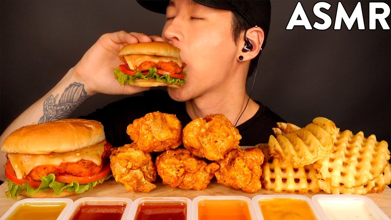 ASMR SPICY CHICKEN SANDWICH, CHICKEN WINGS & WAFFLE FRIES MUKBANG (No ...