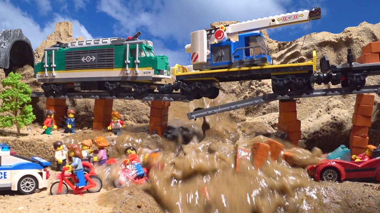 LEGO Train Set And Bridge Collapse - LEGO Dam Breach - Flood Disaster ...