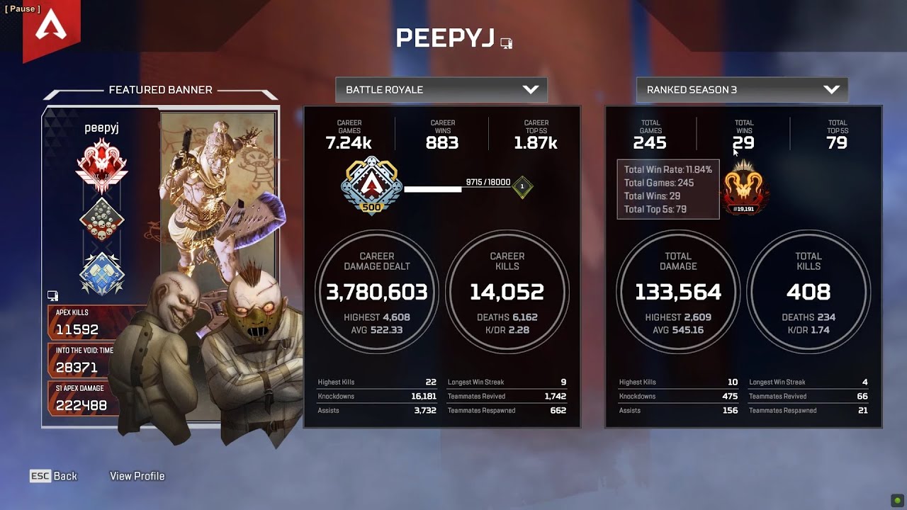 Season 3 Predator+3 Heirlooms,500 level,11592 Wraith kills,S2+3+4 BP, Legends+Loadout skins ...