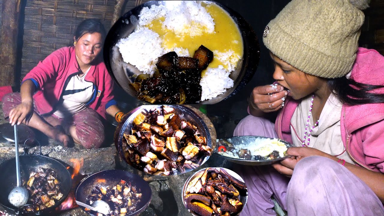 Pork fry and rice in pastoral Nepal || Young couples in himalaya Nepal ...