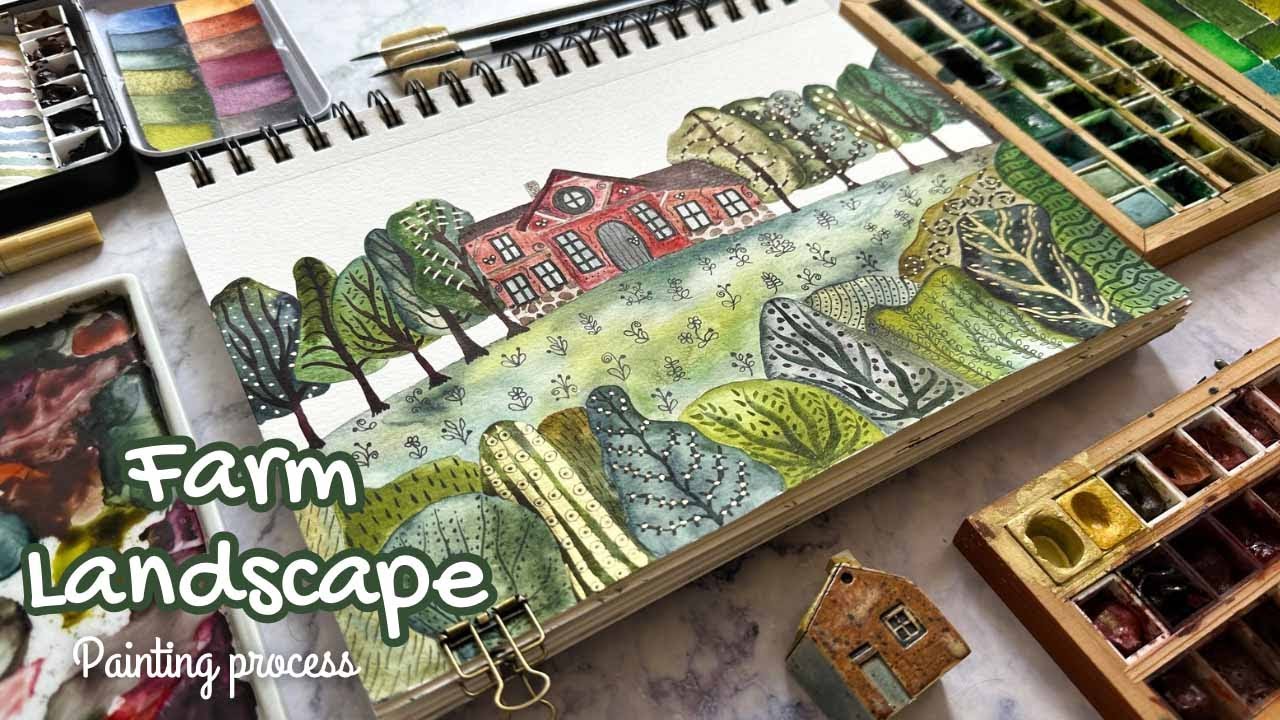 Painting a farm landscape⎪Relaxing watercolor process. - YouTube