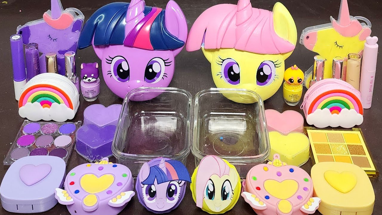 My Little Pony Purple vs Yellow Slime Mixing Makeup,Parts, Glitter Into ...
