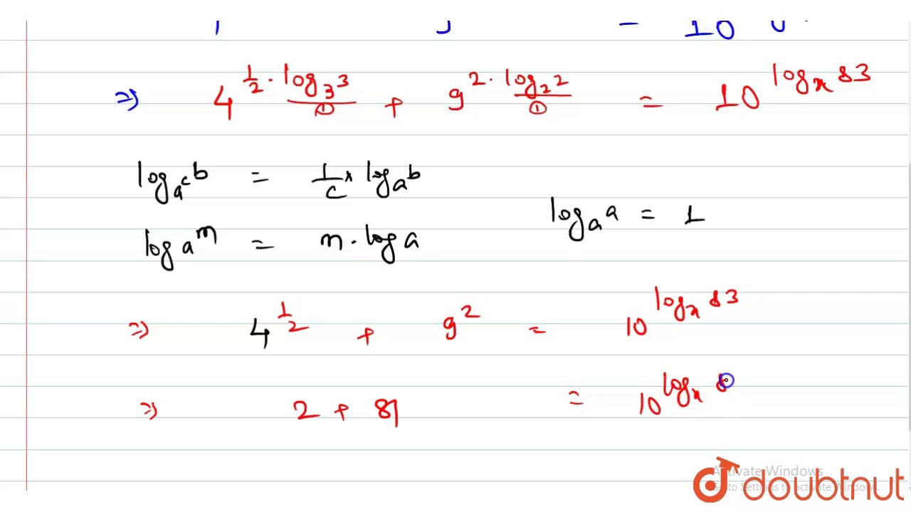 If `4^("log"_(9)3) + 9^("log"_(2)4) = 10^("log"_(x)83), "then" x ...