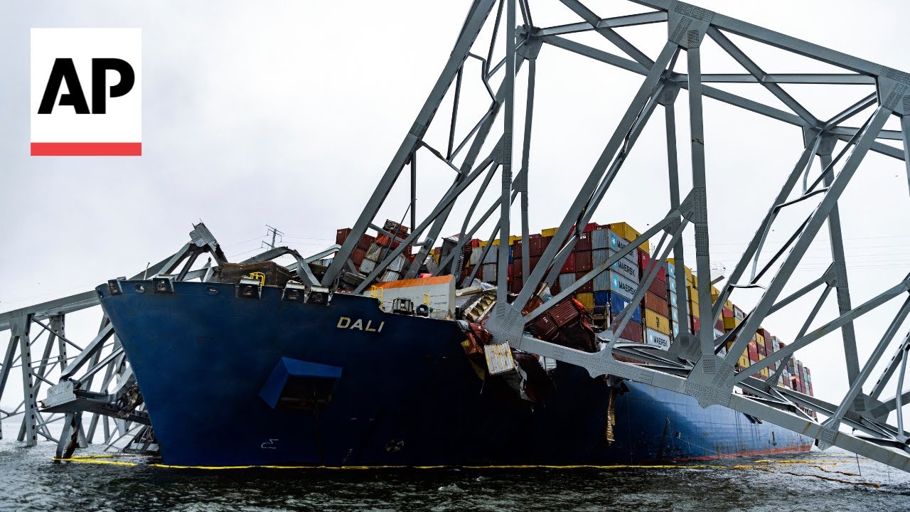 New video shows collapsed bridge, damaged ship in Baltimore - YouTube