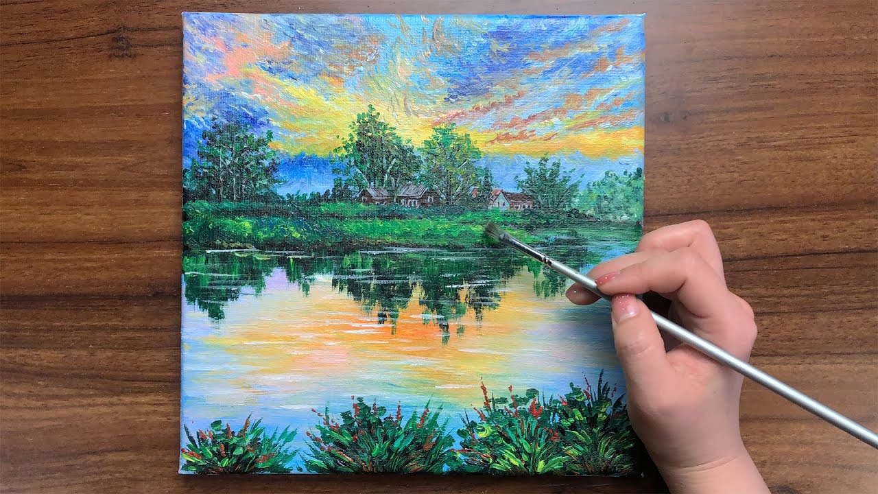 Riverside Scenery Painting | Acrylic painting creation process #176 ...