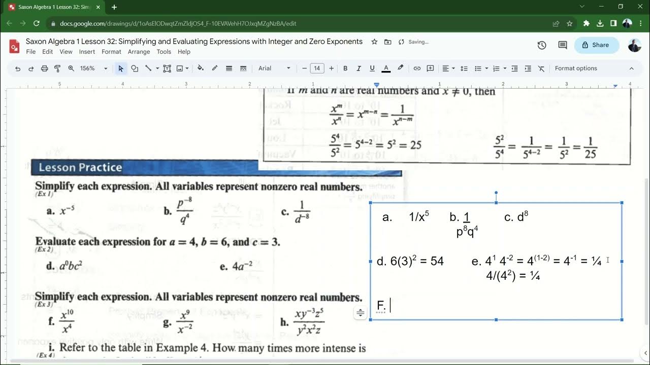 Saxon Algebra 1 Lesson 32 Vid 2: Simplifying & Evaluating Expressions w/ Integer and Zero ...