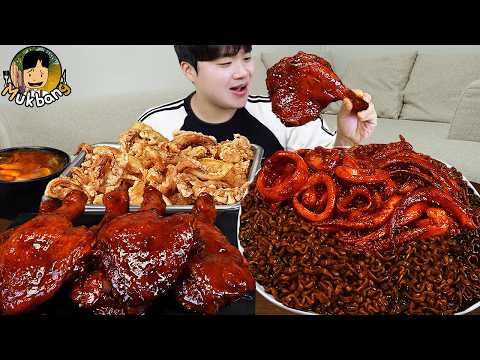 ASMR MUKBANG | Giant BBQ Chicken Drumsticks, black bean noodles, dumpling recipe ! eating