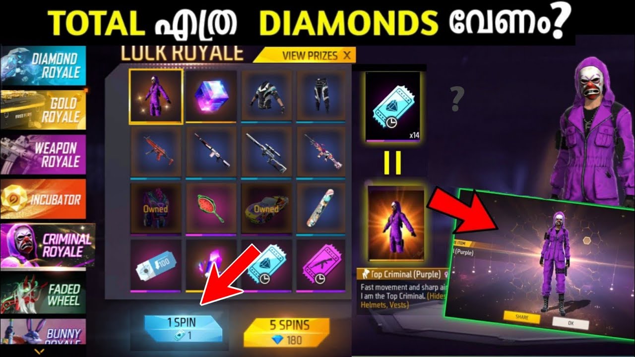 CRIMINAL ROYALE FREE FIRE 🥰 TOP PURPLE CRIMINAL RETURN, total എത്ര ...