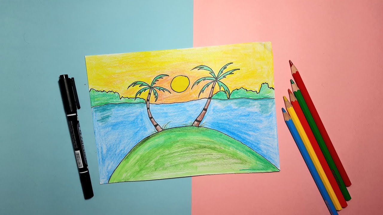 How to Draw a Sunset with Coconut Tree and Water | Easy Scenery ...