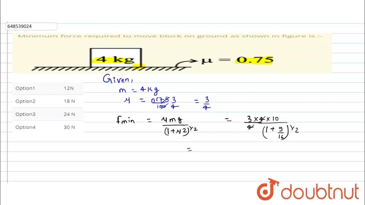 Minimum force required to move block on ground as shown in figure is ...