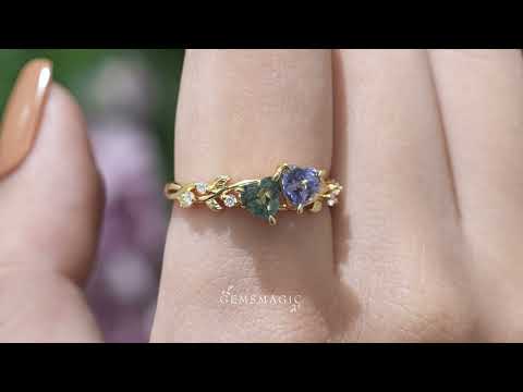 Heart Cut Moss Agate And Cornflower Sapphire Leaf Inspired Toi et Moi Engagement Ring - Eveline