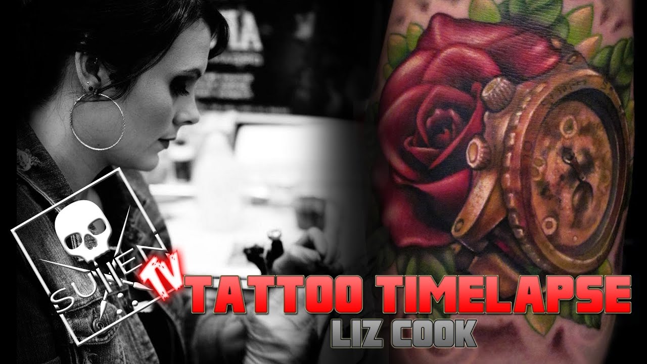 Tattoo Time Lapse - Liz Cook - Tattoos Color Rose and Timepiece - YouTube