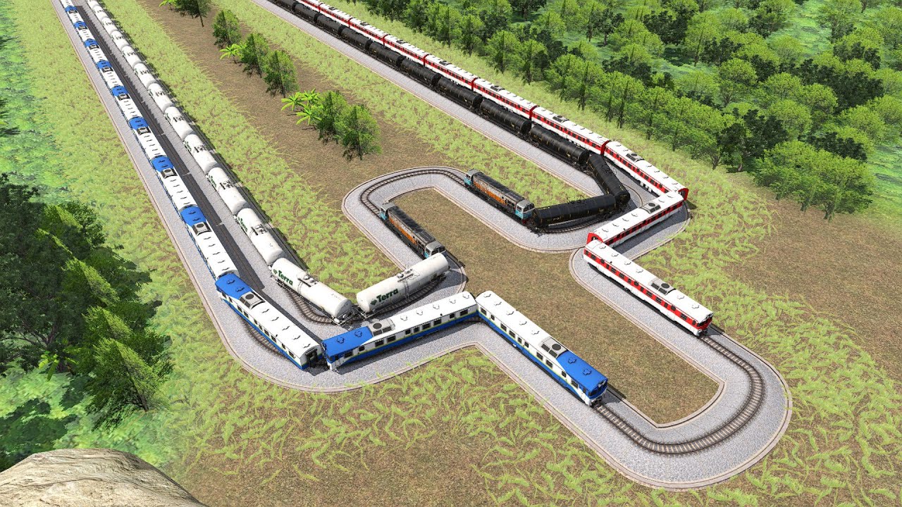 4 High Speed Crazy Trains Passes Twin Sharp Bend Extreme Railroad Track ...