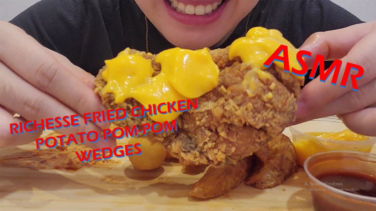 ASMR RICHEESE FRIED CHICKEN + POTATO POM-POM + WEDGES (EATING SOUNDS ...
