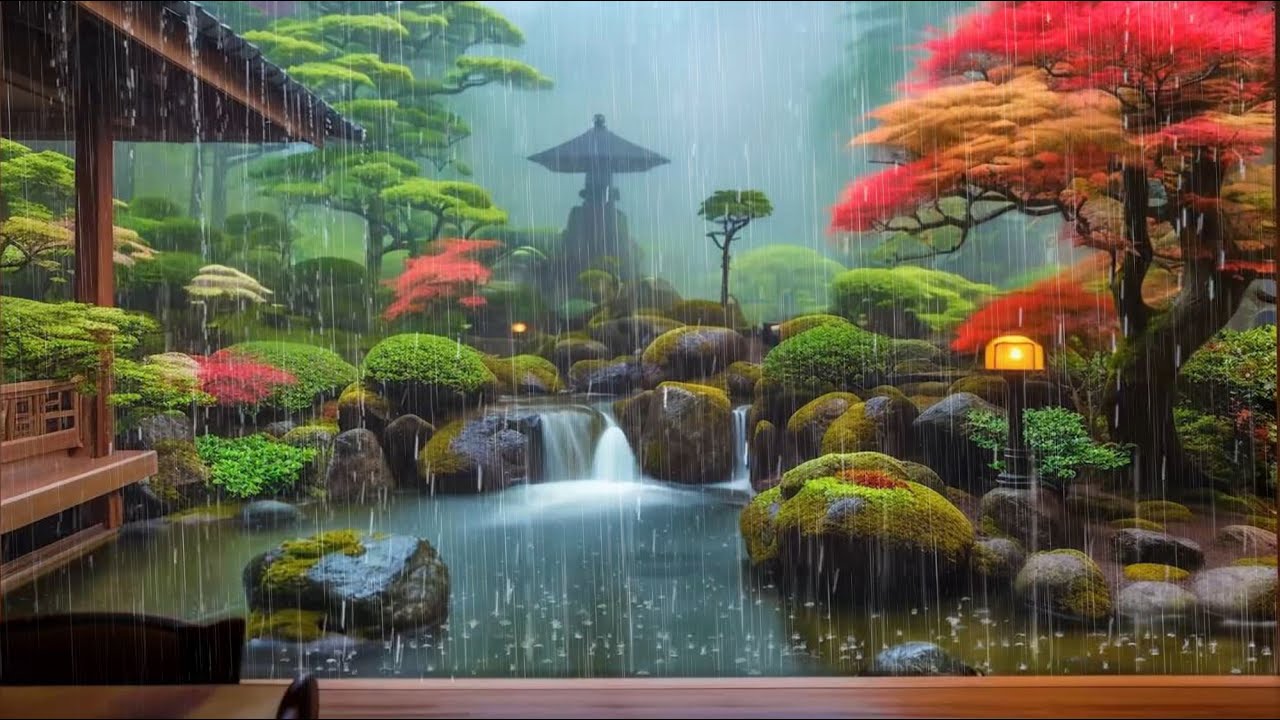 Magical Relaxation With Rain In Japanese Zen Garden 🏵️ Rain Sound for ...