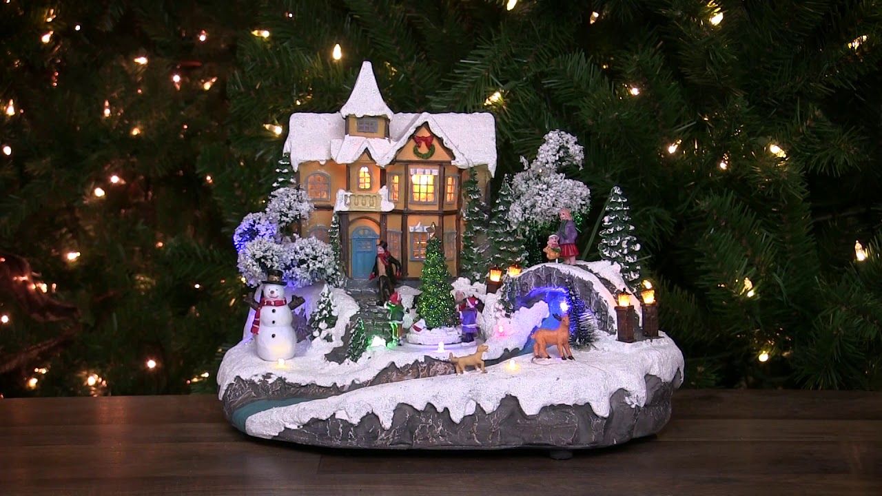 Lighted Yellow Cottage Christmas River Scene with Movement and Music ...
