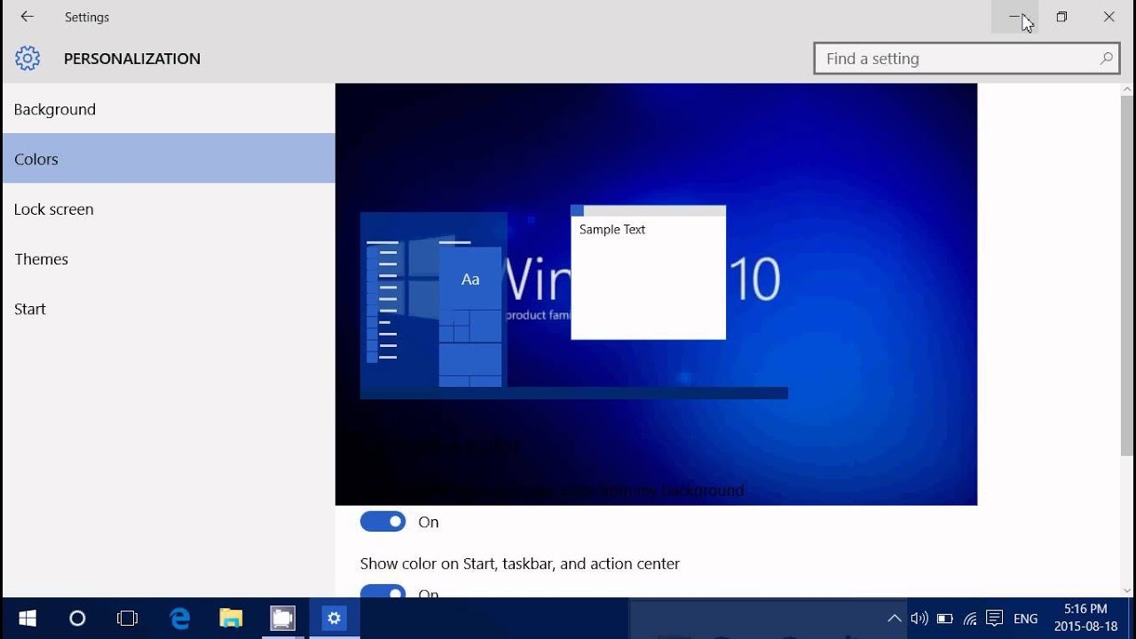 Windows 10 How to personalize colors in start menu taskbar and settings ...
