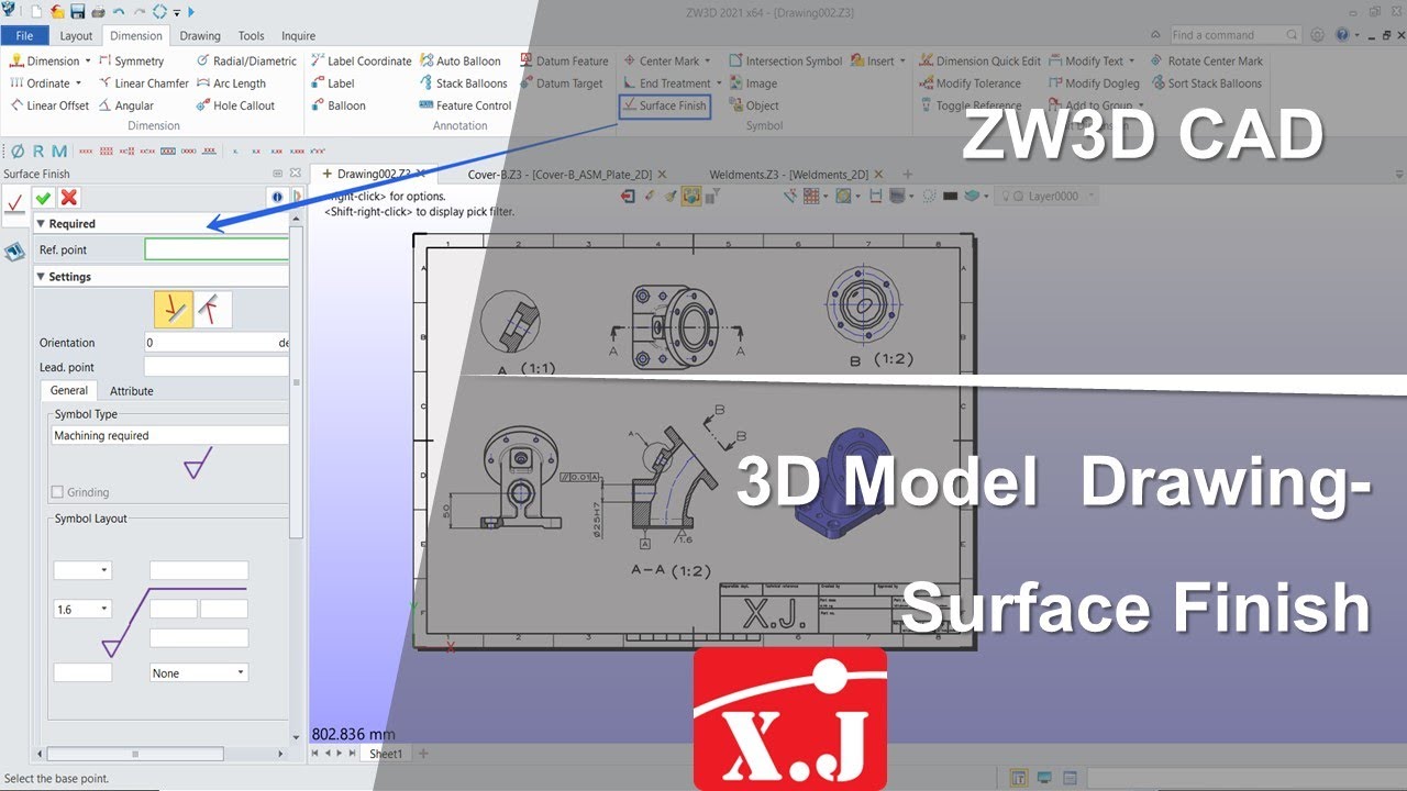ZW3D คู่มือ สอนการใช้งาน Drawing - Dimension - Surface Finish - YouTube