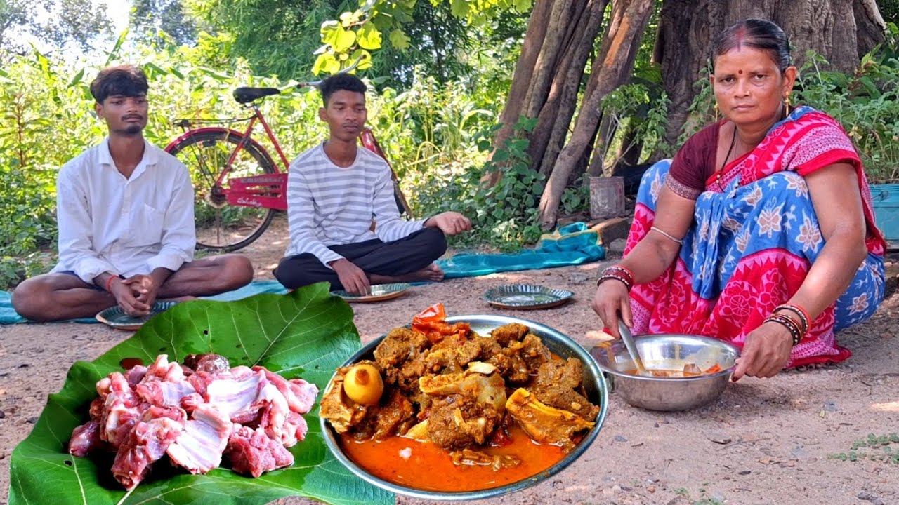 Tribal family cooking Traditional village food Mutton curry l ...