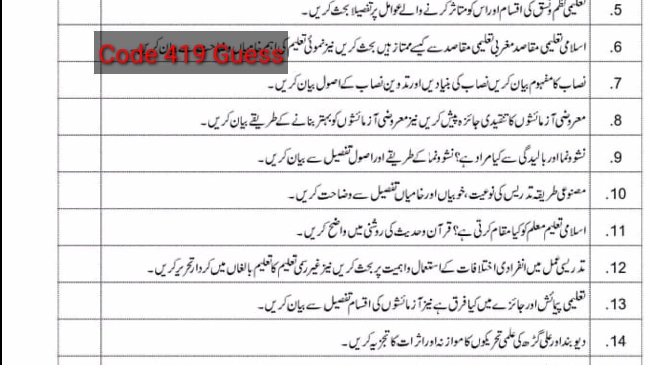 419 Education Guess paper BA Aiou | course code 419 Ilm ul taleem ...