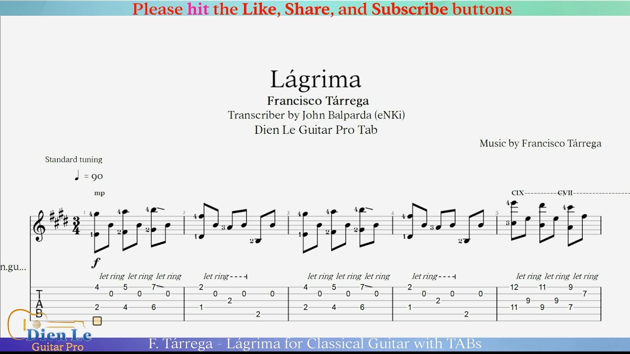 F. Tárrega - Lágrima for Classical Guitar with TABs - YouTube